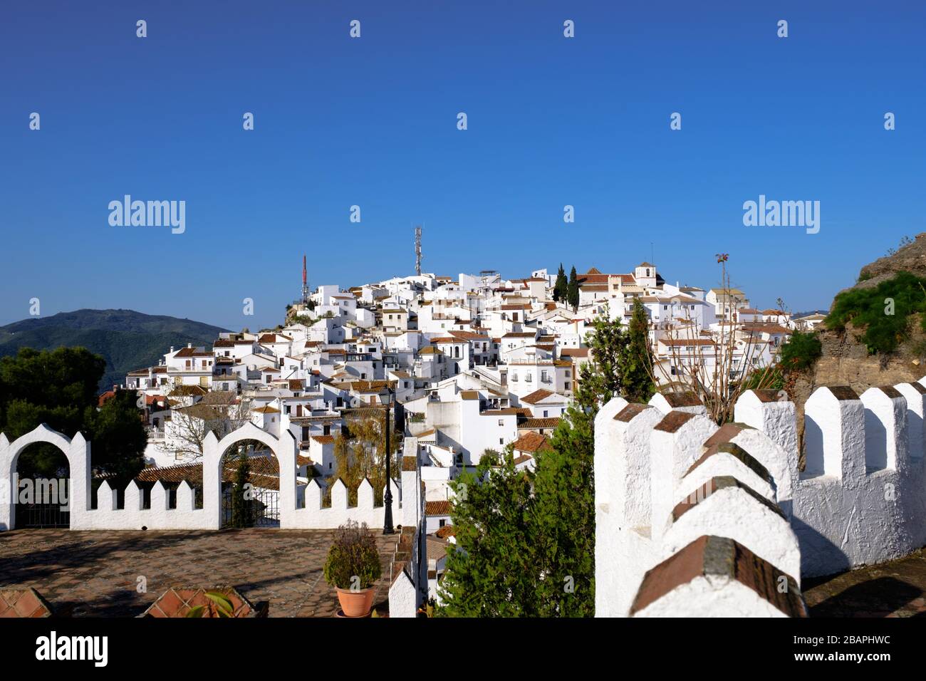 The white village of Comares, in the Axarquia region of Andalucia ...