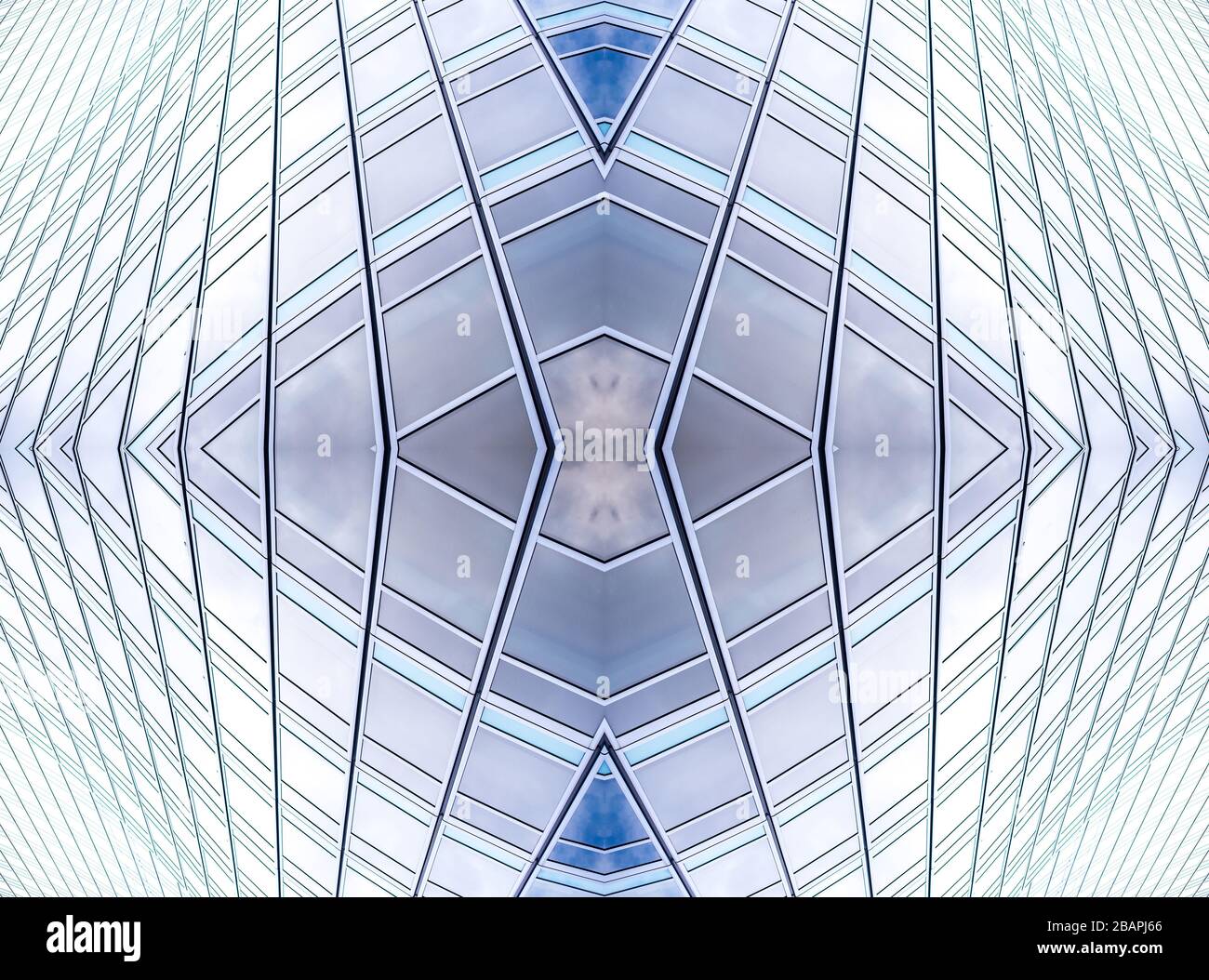 underside panoramic and perspective view to steel blue glass high rise ...