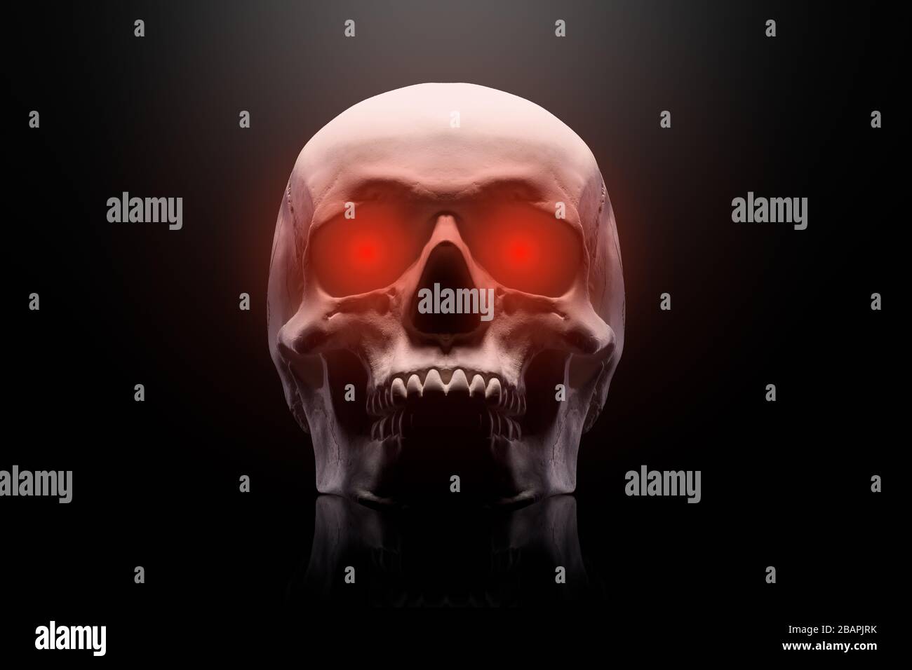 Model of the human skull with red eyes isolated on black background ...