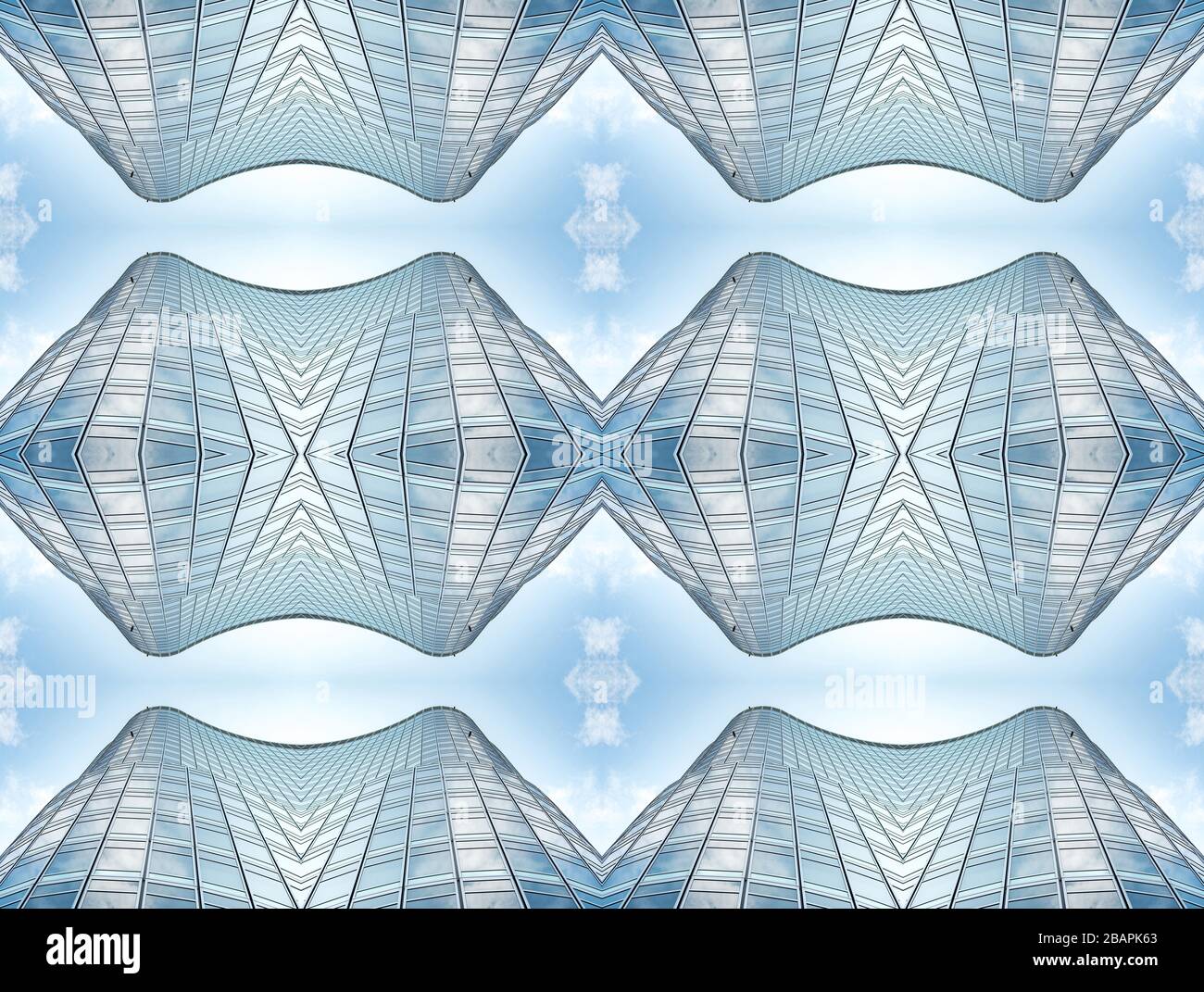 underside panoramic and perspective view to steel blue glass high rise ...