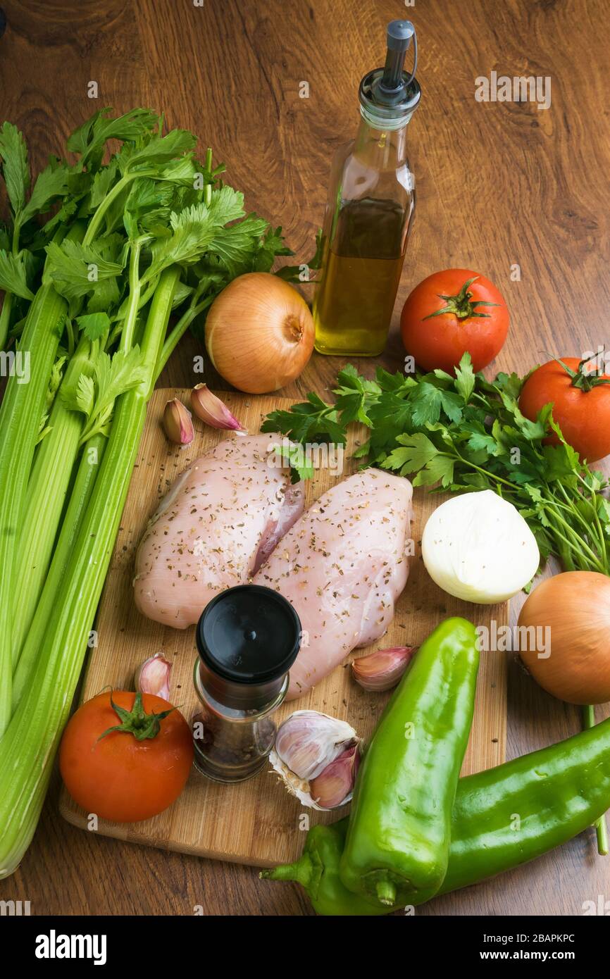 Chicken fresh meat with vegetables was photographed in the studio Stock ...