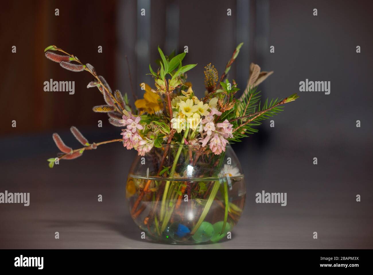 Bouquet of mixed spring flowers and blooming spring flowers in a little ...