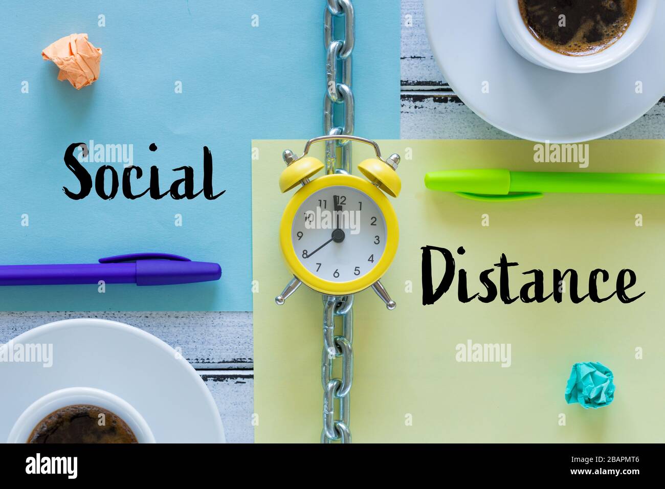 pages separated by a chain with the words "Social Distance" Clock ...