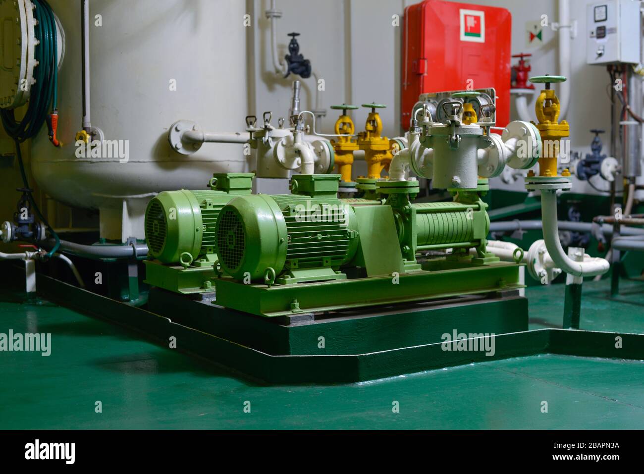 Engine room interior of a big ocean going ship with electrical motors ...