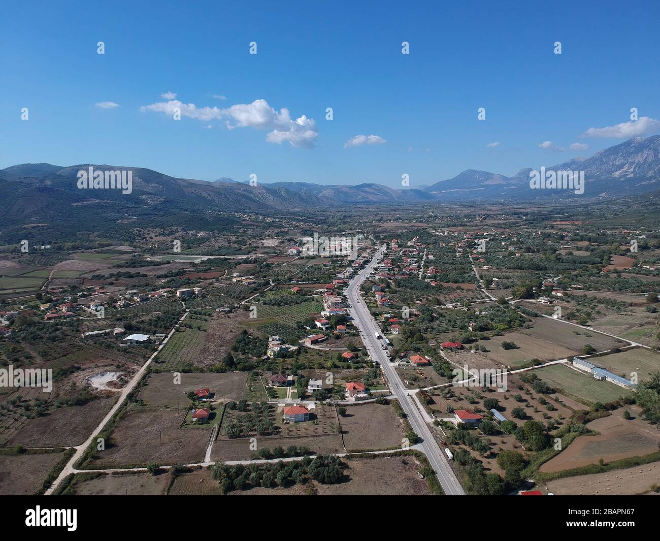 aerial view greek village gardiki close to paramithia and acheron river ...