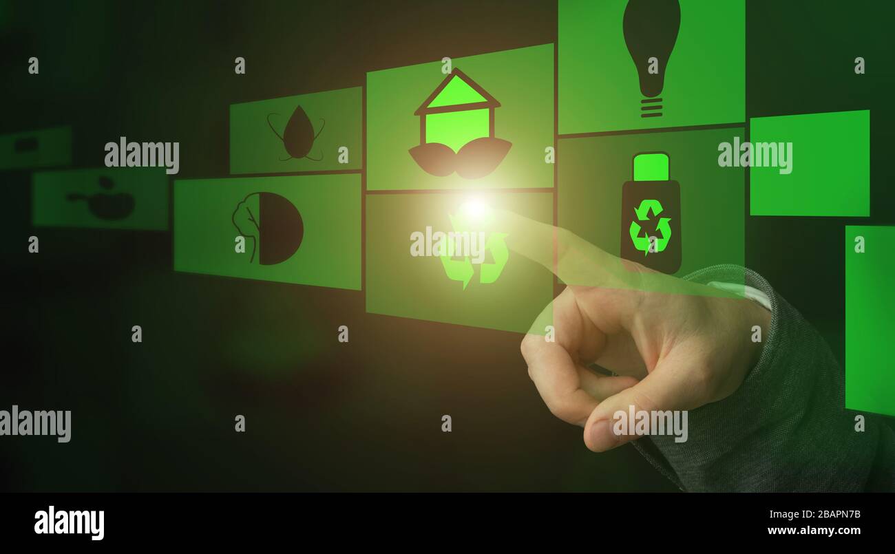 Waste recovery. Collage with businessman choosing button with recycling ...