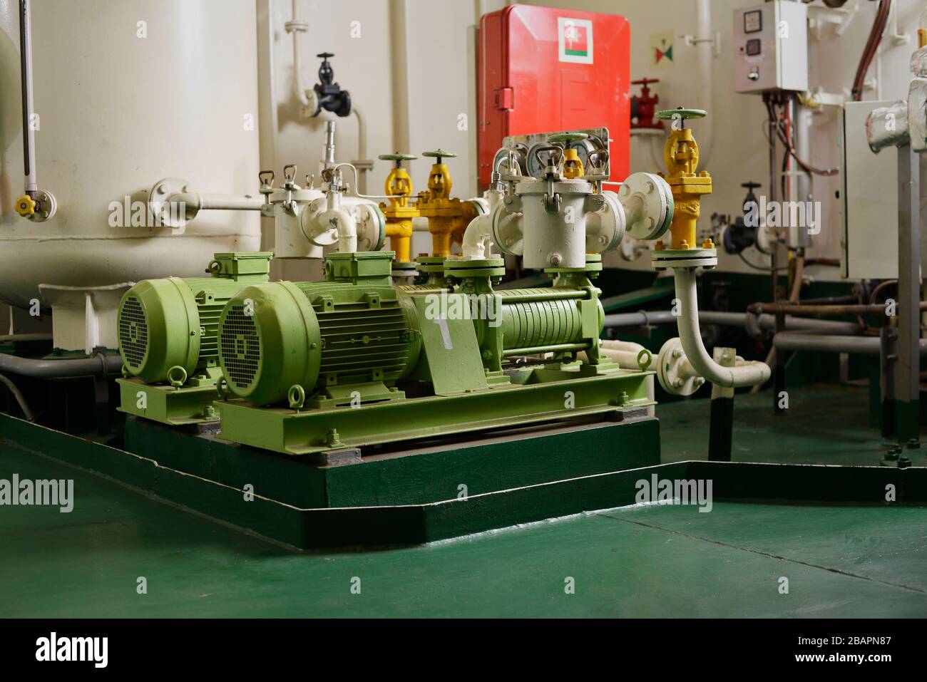 Engine room interior of a big ocean going ship with electrical motors ...