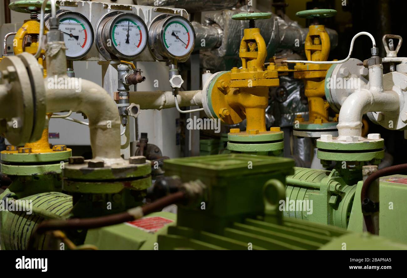 Engine room interior of a big ocean going ship with electrical motors ...