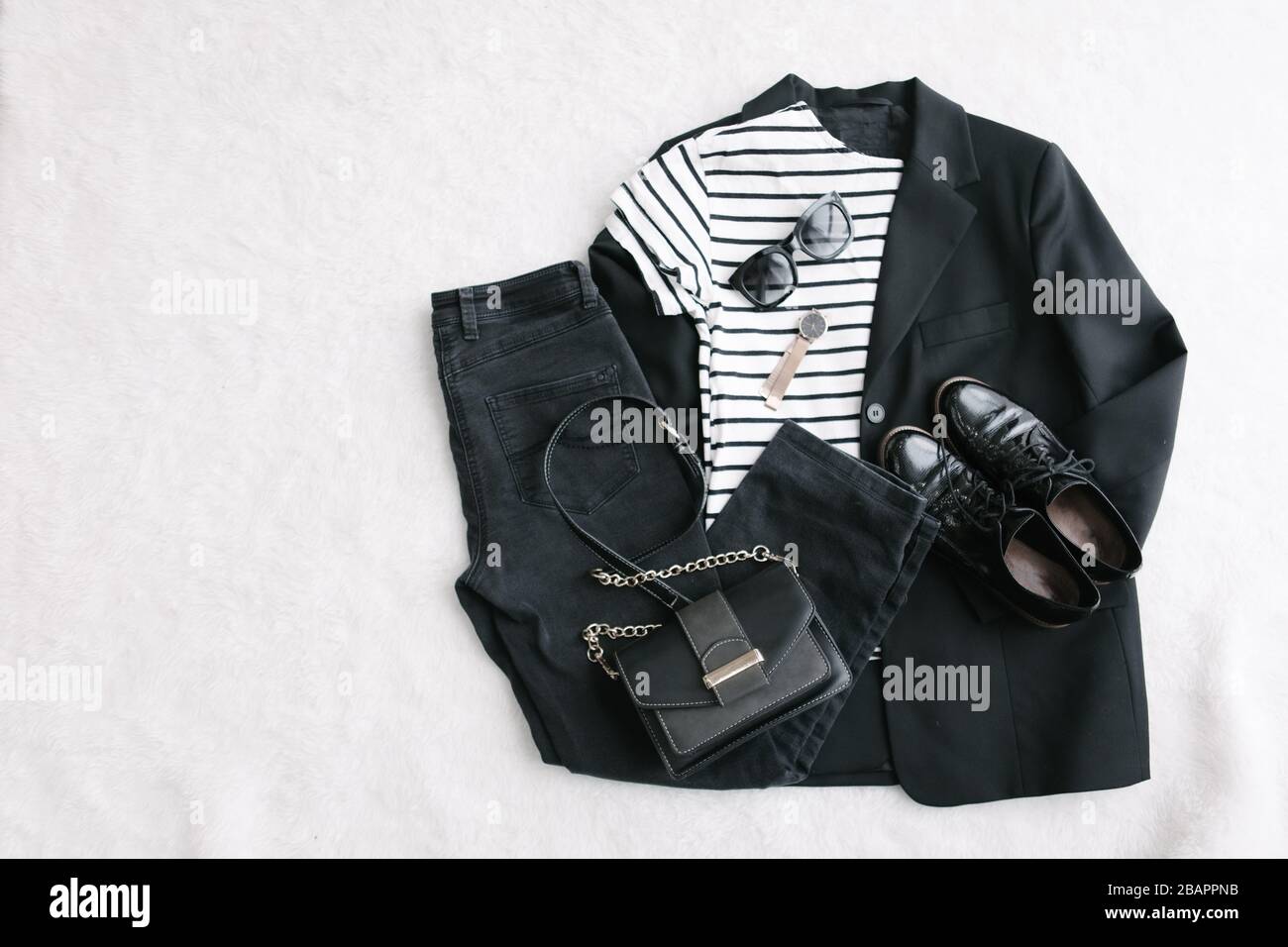 overhead flat lay view woman clothes black and white Stock Photo - Alamy