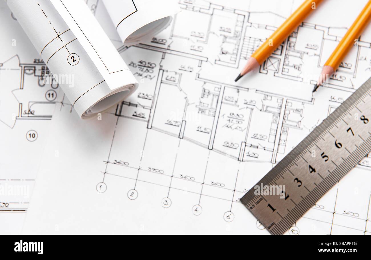 Architect workplace top view. Architectural project, blueprints ...