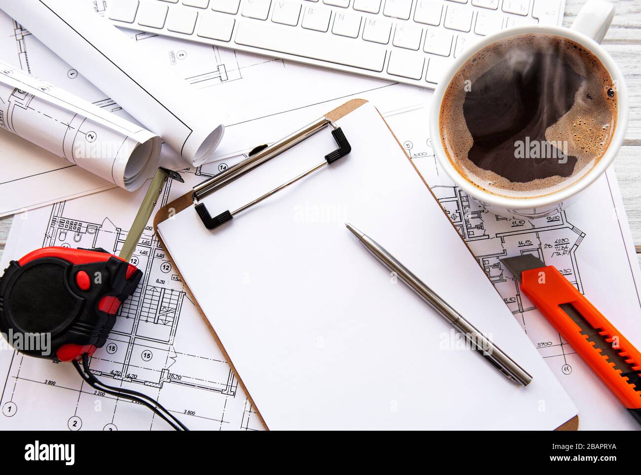 Architect workplace top view. Architectural project, blueprints ...