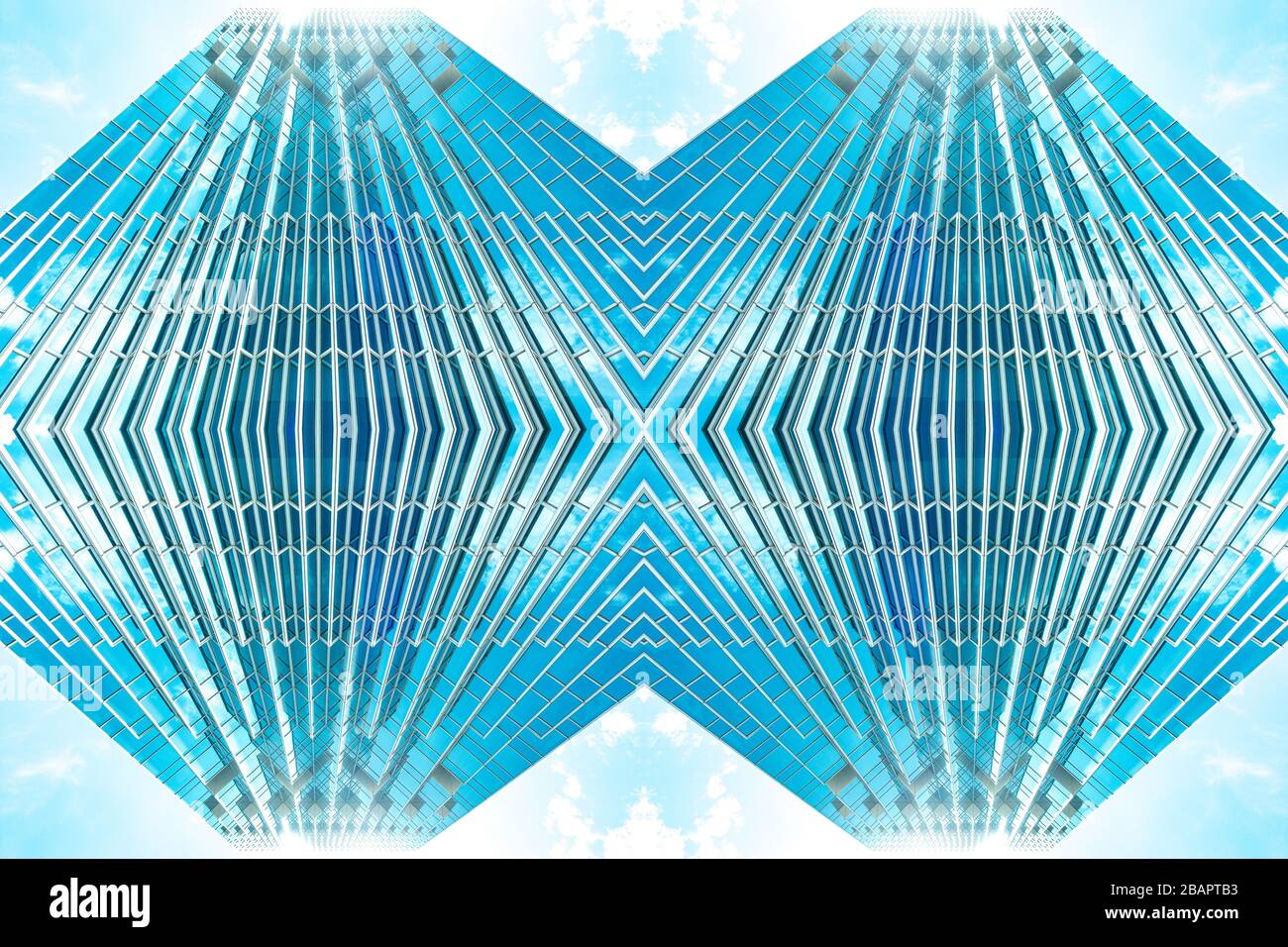 underside panoramic and perspective view to steel blue glass high rise ...