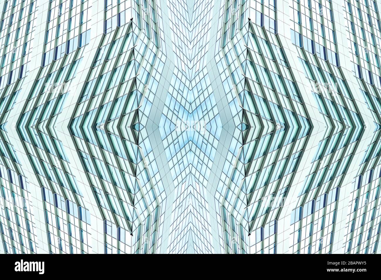 underside panoramic and perspective view to steel blue glass high rise ...