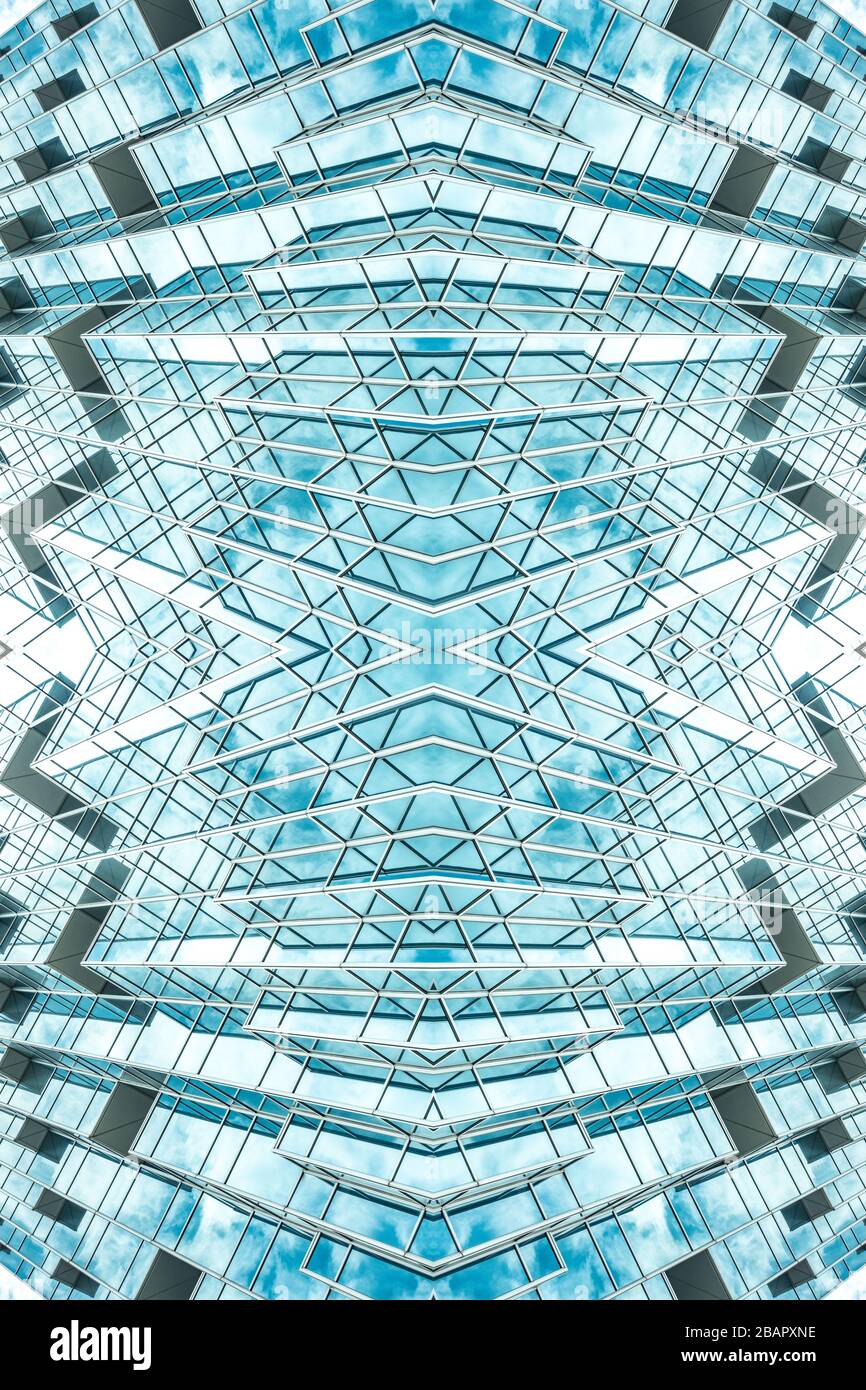 underside panoramic and perspective view to steel blue glass high rise ...