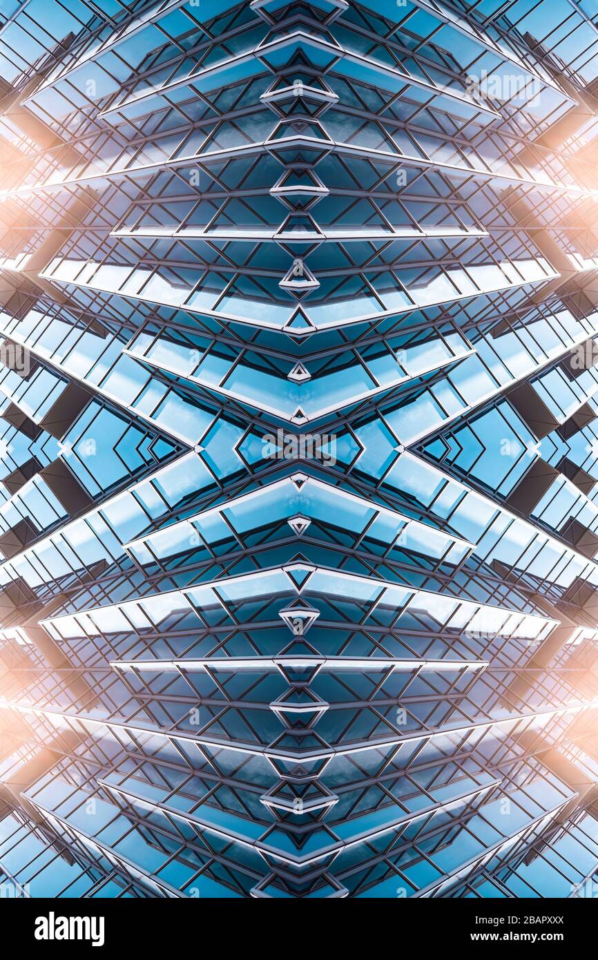 underside panoramic and perspective view to steel blue glass high rise ...