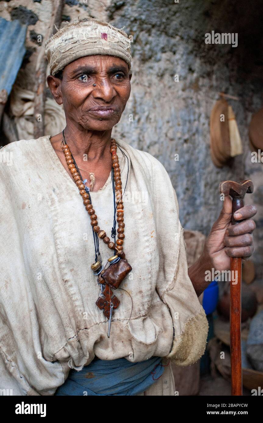 Debre Sina Beta Maryam church, Lake Tana, Bahir Dar, Ethiopia. A nun ...