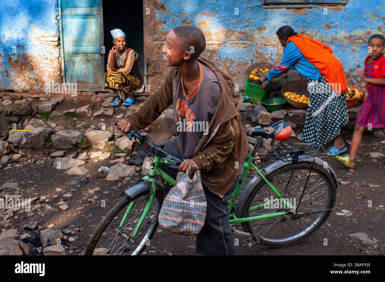 Street scene and food vendors in Gondar city, Ethiopia. Gondar is one ...