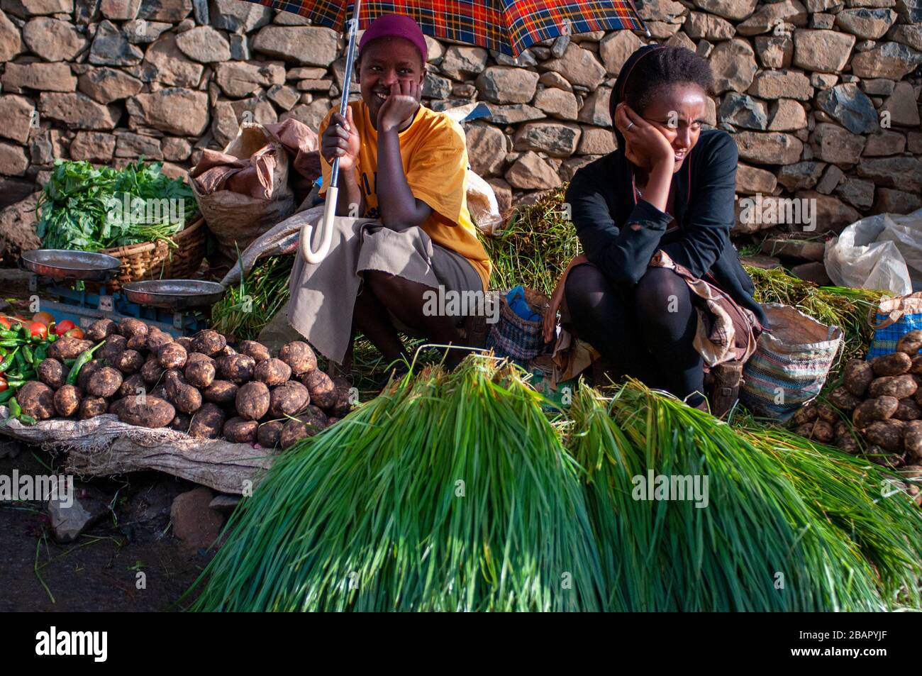 Street scene and food vendors in Gondar city, Ethiopia. Gondar is one ...