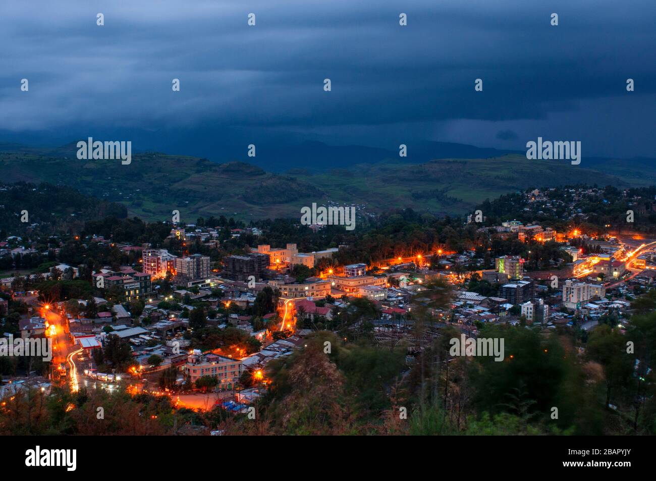 Aerial view landscape of Gondar city, Ethiopia. Gondar is one of the ...