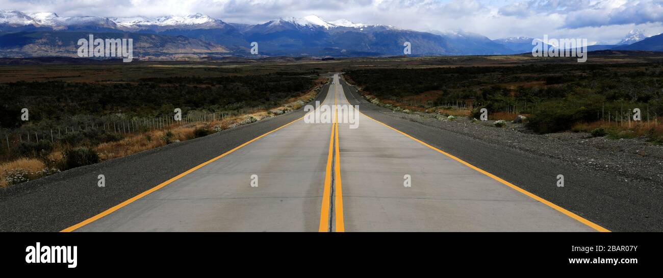 View of the Route 9 road, near Punta Arenas city, Patagonia, Chile ...