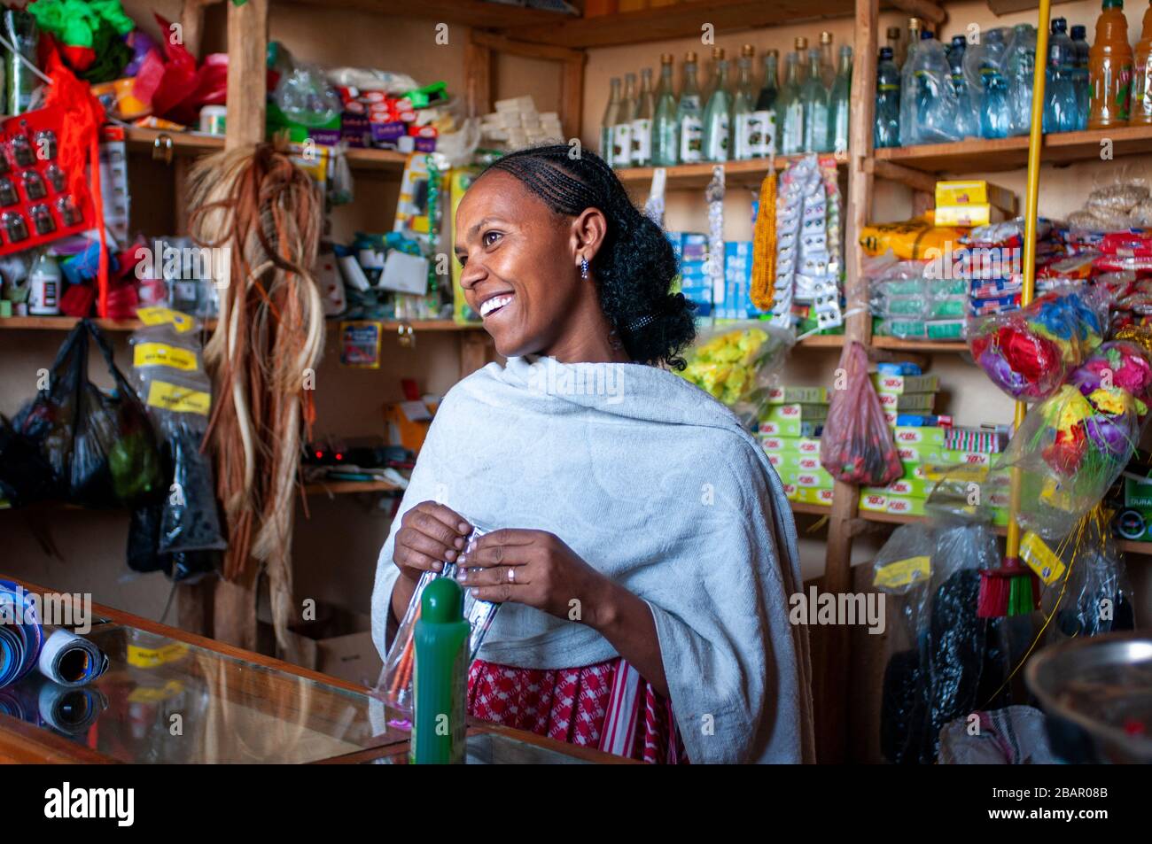Small shop in Hawzen town, Eastern Tigray, Ethiopia. Celebration birth ...