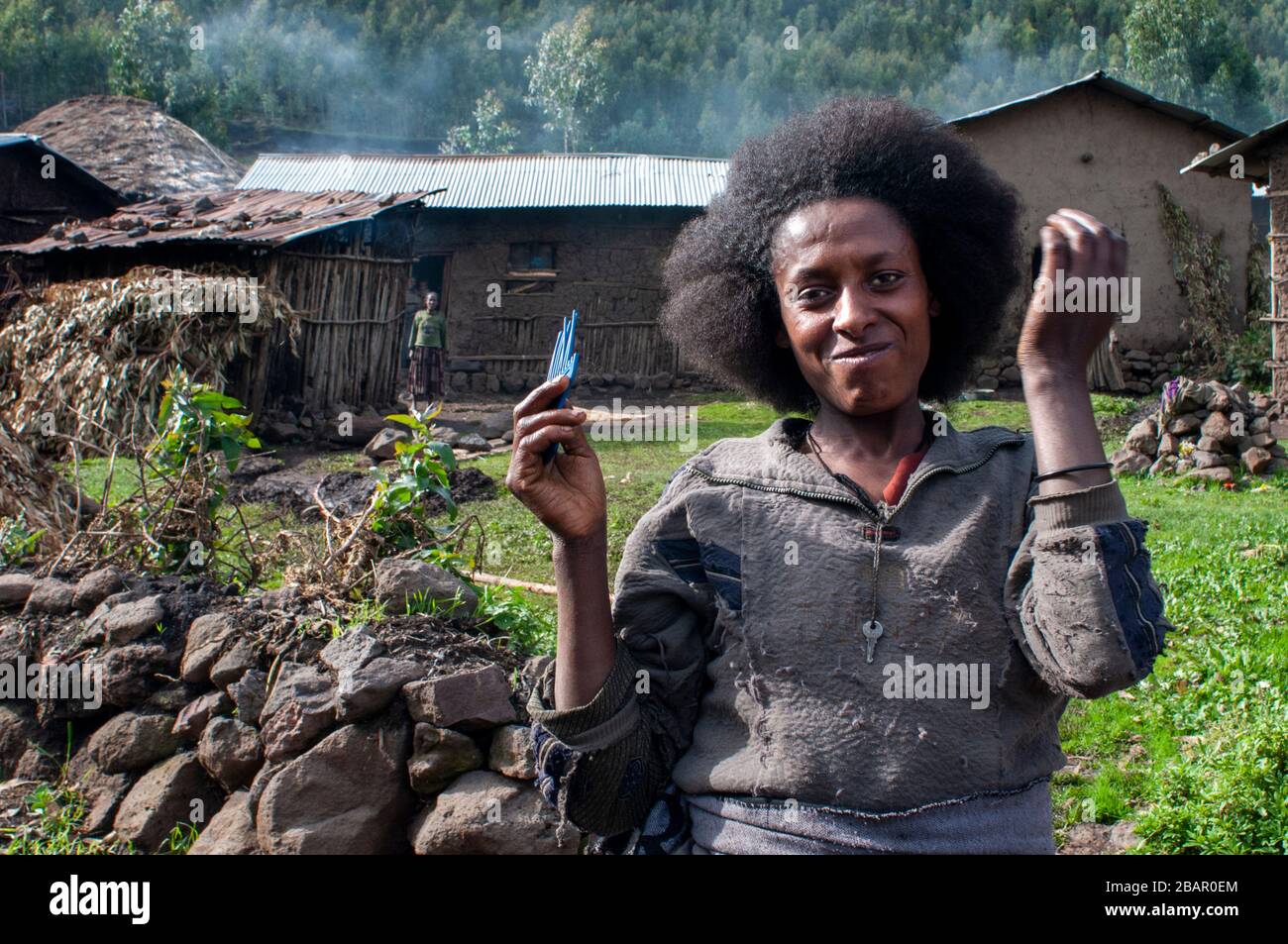 Local people and Farmland and village houses in the mountain, Amhara ...