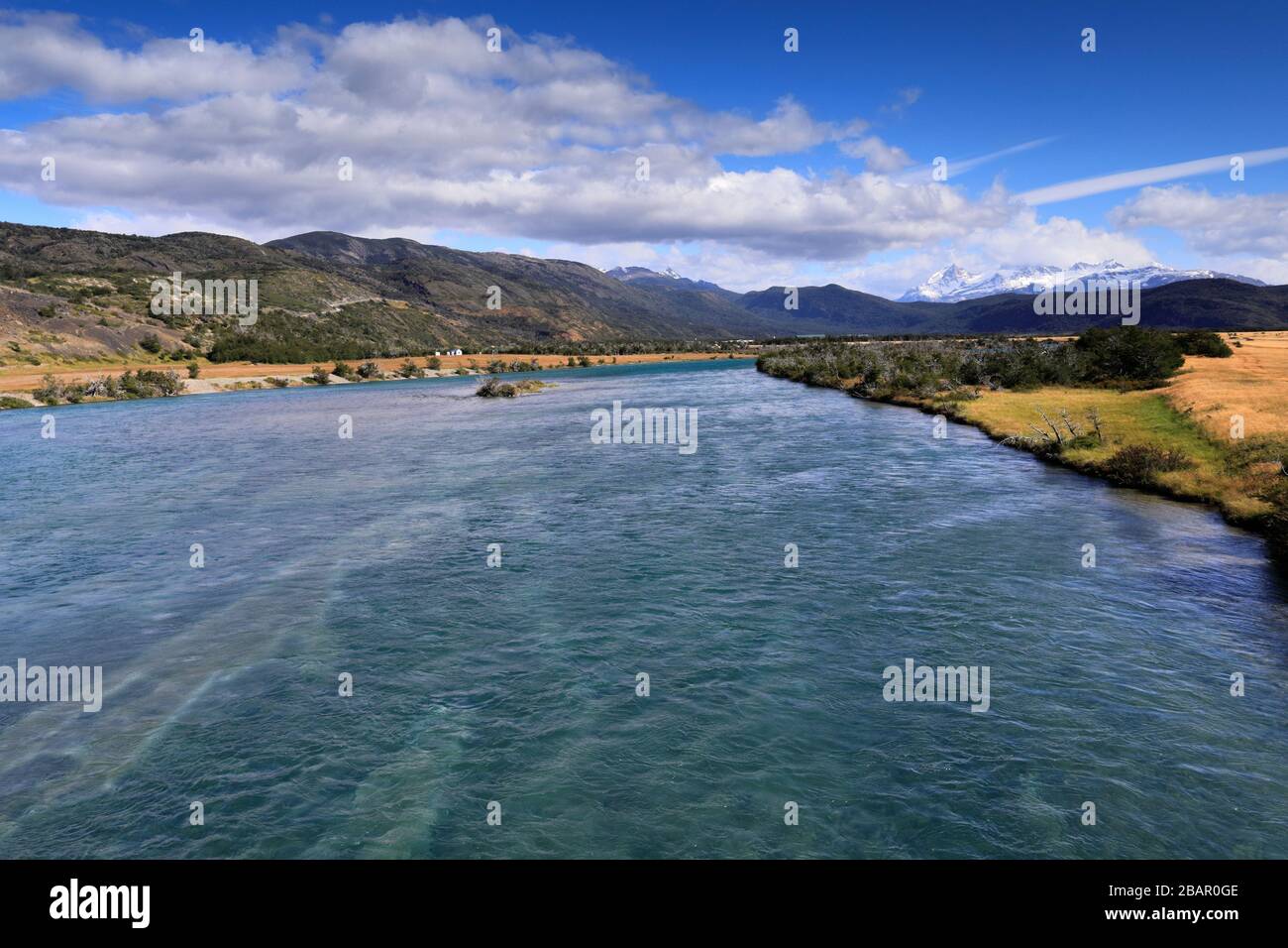 View of the Cerro Paine Grande and Cordillera De Paine over the Serrano ...