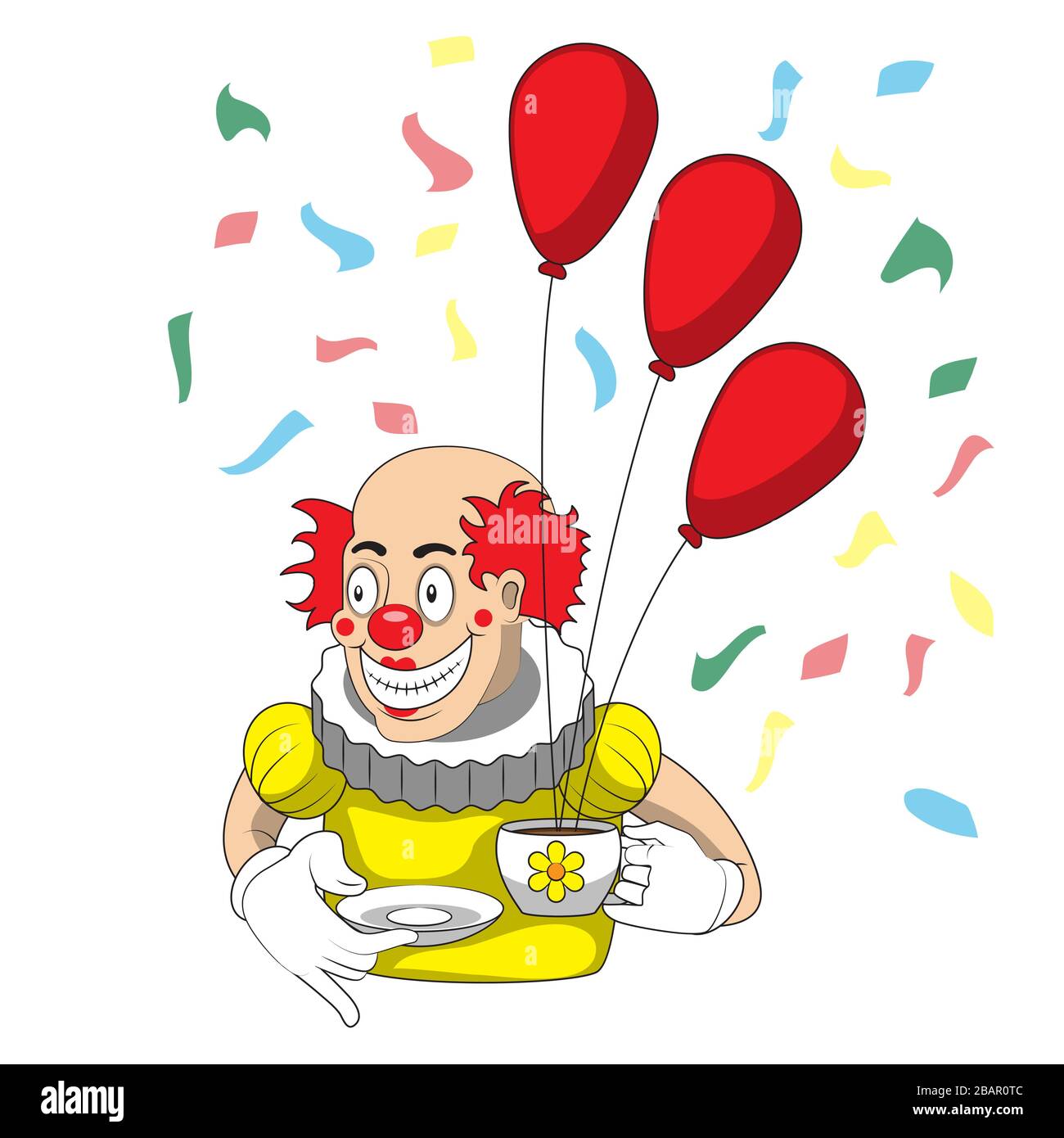 Cartoon clown with Cup saucer and balloons on an isolated background ...