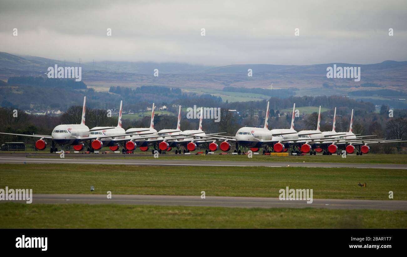 Glasgow, UK. 27 March 2020. Pictured: British Airways Airbus Aircraft ...