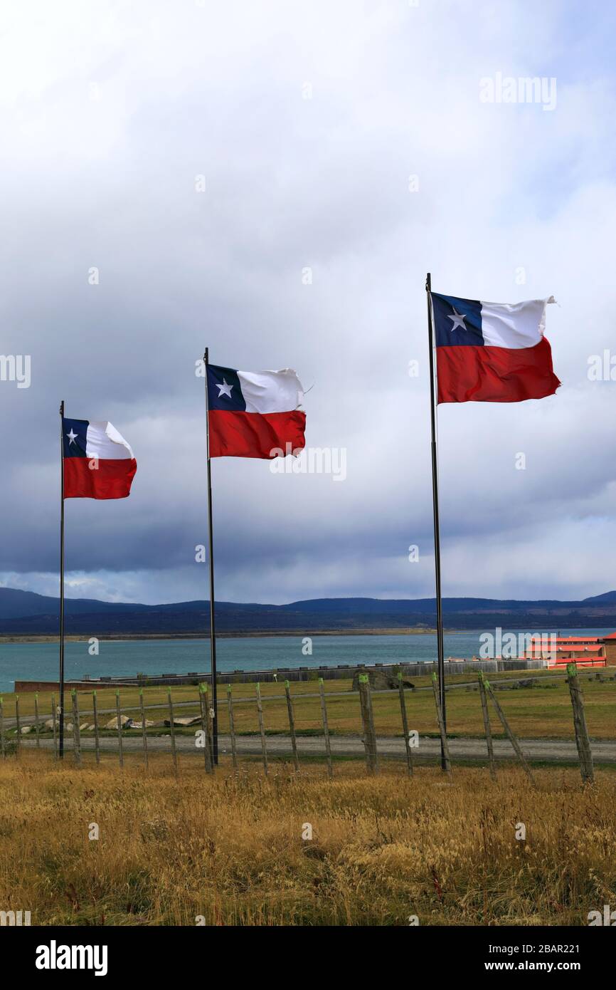 Flags of Chile at the Singular Patagonia Hotel, Puerto Bories, Puerto ...