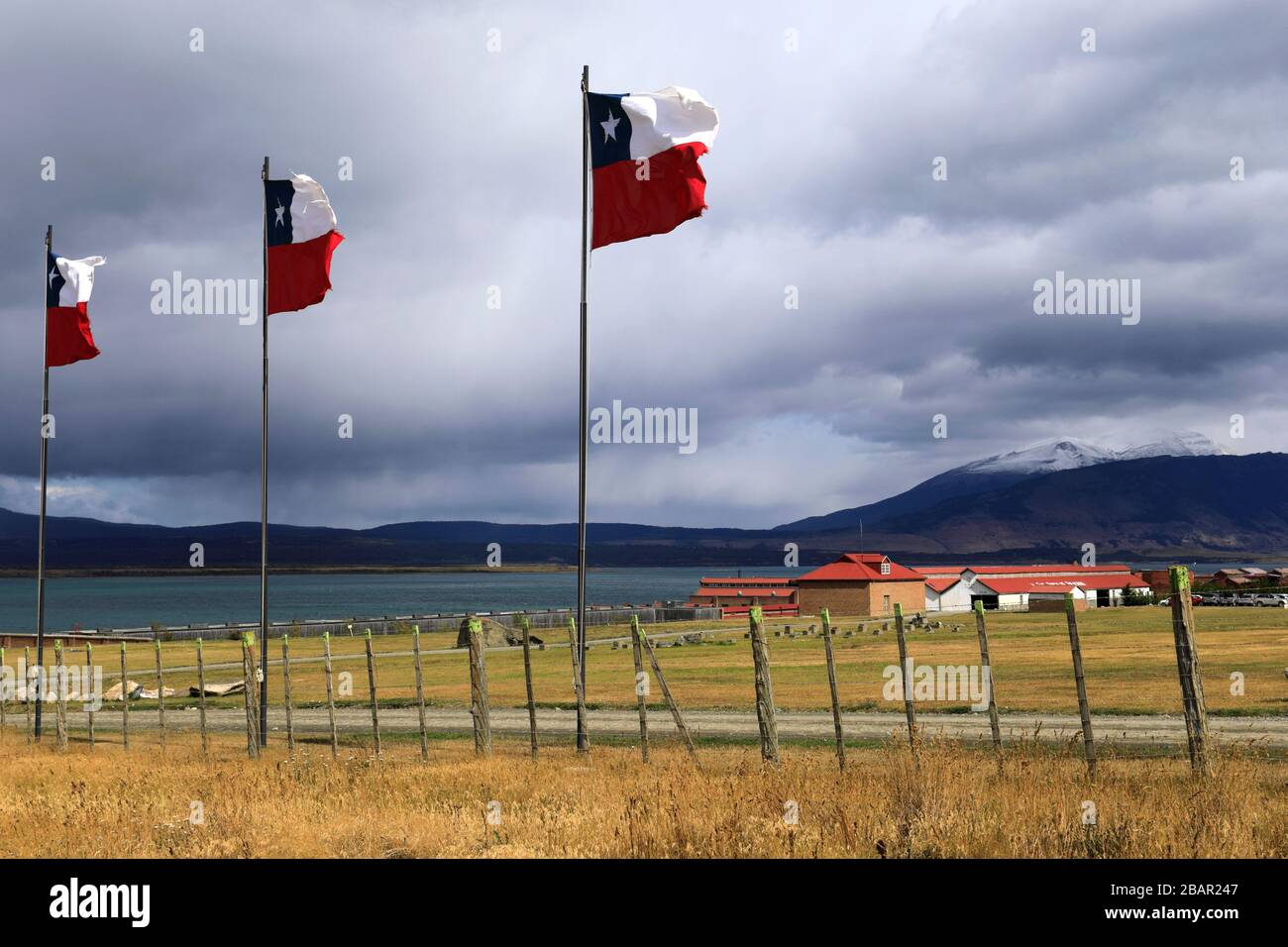 Flags of Chile at the Singular Patagonia Hotel, Puerto Bories, Puerto ...