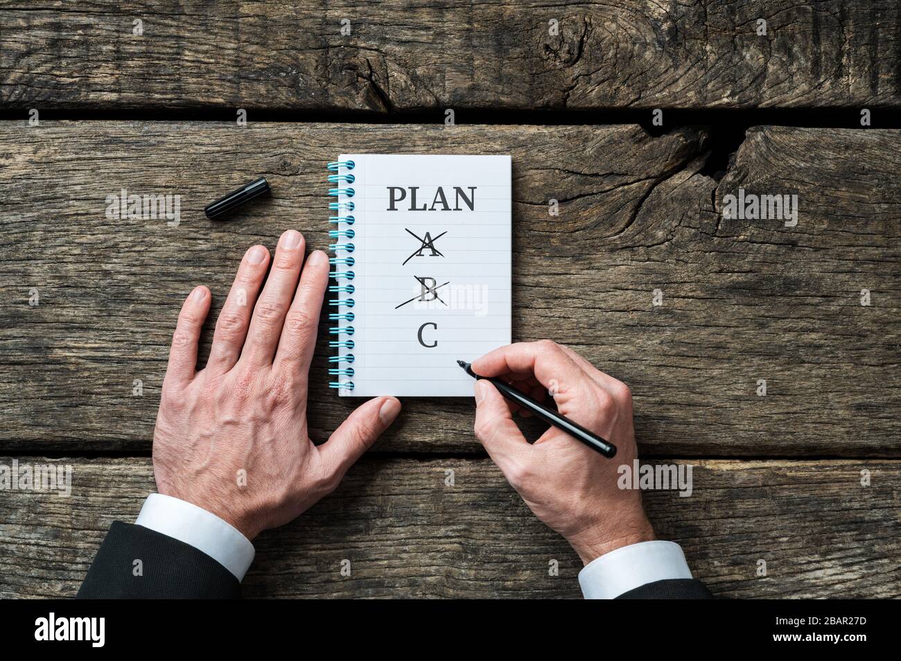 Businessman considering various future plans, choosing between A, B and ...