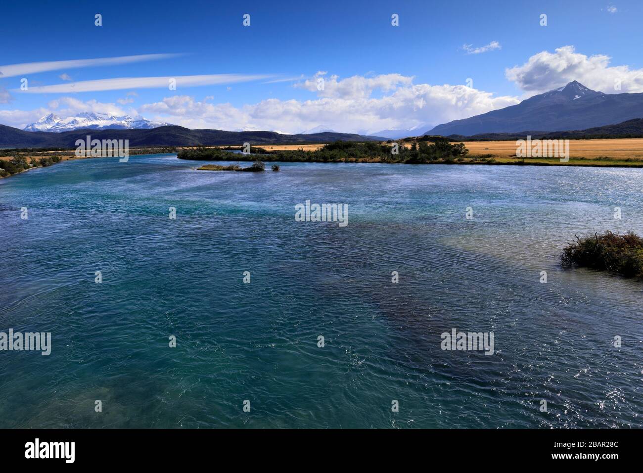View of the Cerro Paine Grande and Cordillera De Paine over the Serrano ...