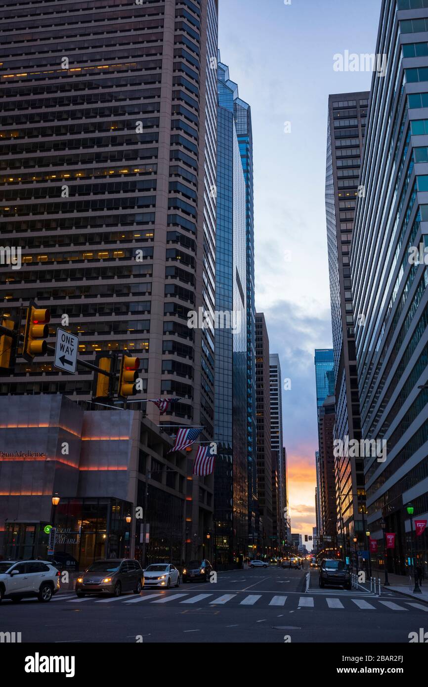 Philadelphia, PA/USA-Feb 29, 2020: A sunset glows over a busy ...