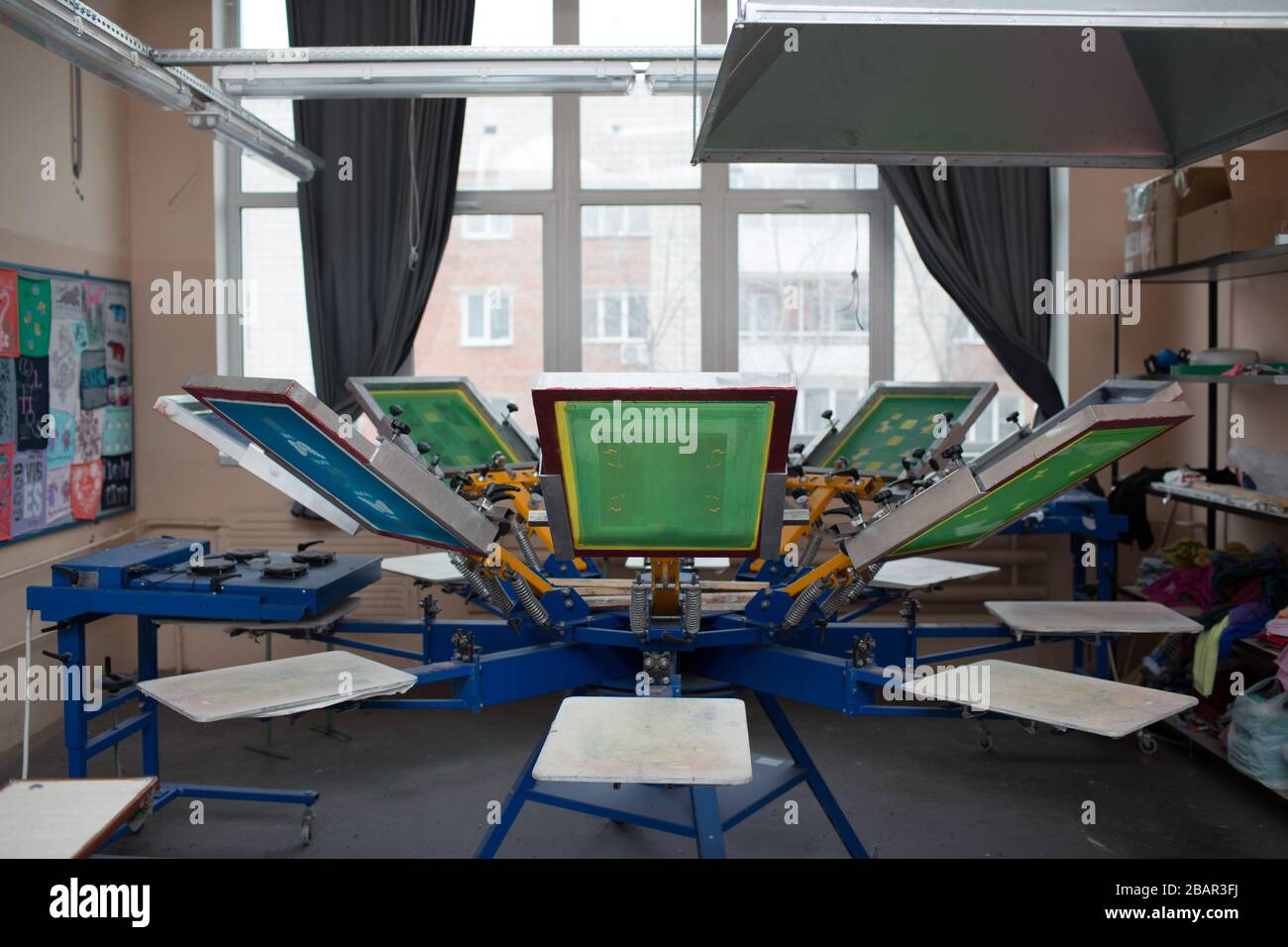 Silk screen printing. Serigraphy. Color paints and fabric. Carousel ...