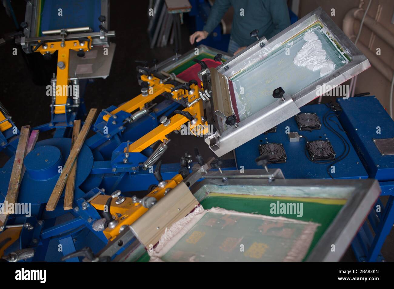 Silk screen printing. Serigraphy. Color paints and fabric. Carousel ...