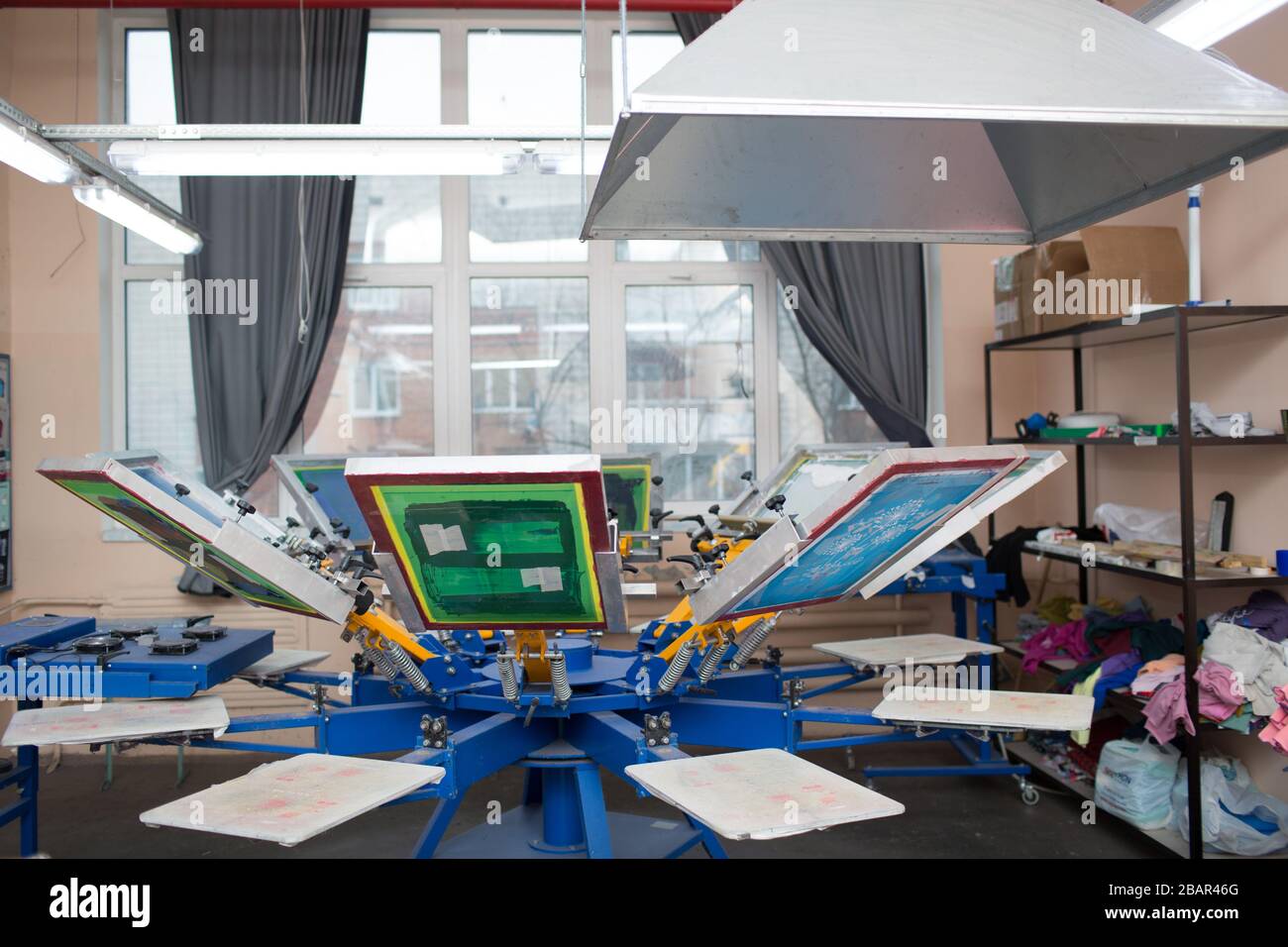 Silk screen printing. Serigraphy. Color paints and fabric. Carousel ...