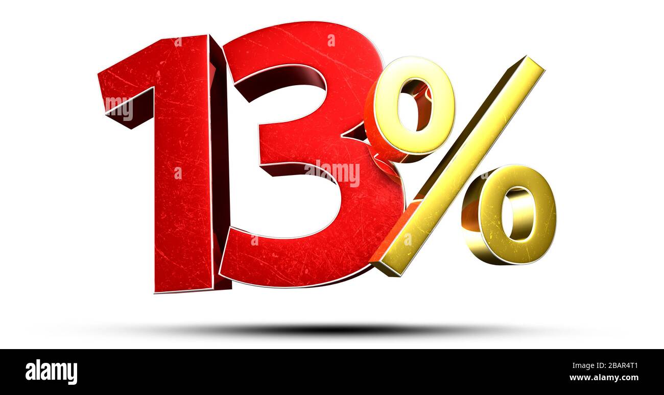 3D illustration 13 percent red gold isolated on a white background ...