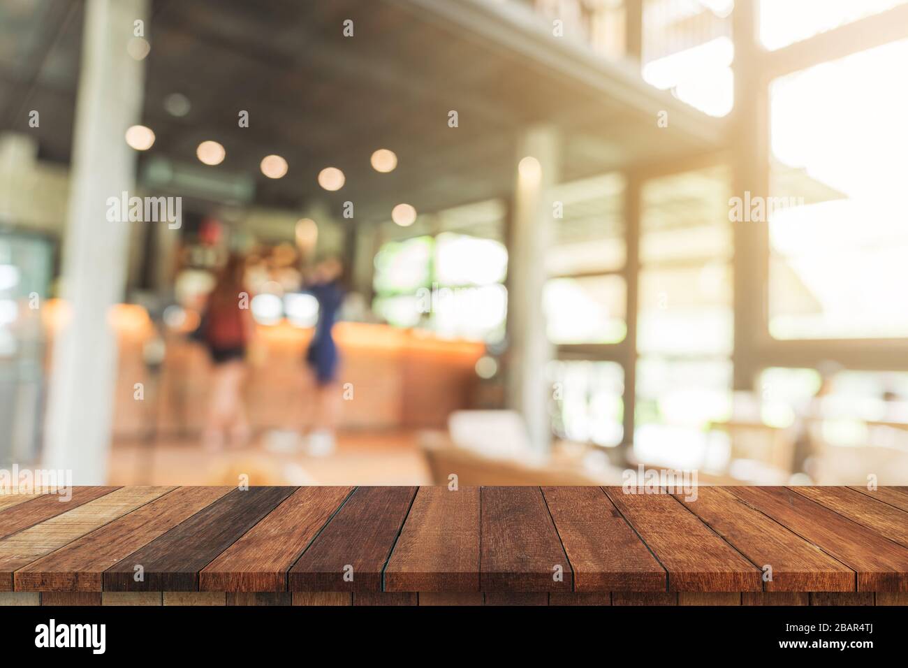 Empty wood table and Blurred background : Customer at coffee shop blur ...