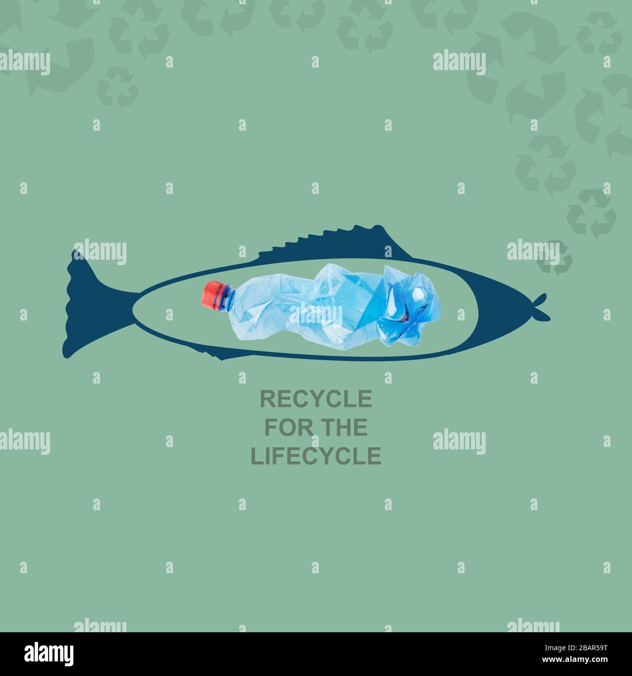 Ocean plastic pollution. Collage with disposable bottle inside of fish ...