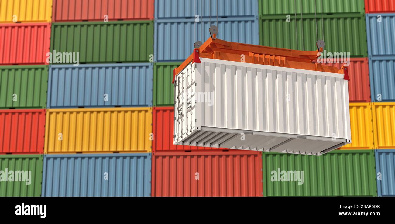 Blank white freight container hanging on a crane. 3D Rendering Stock ...