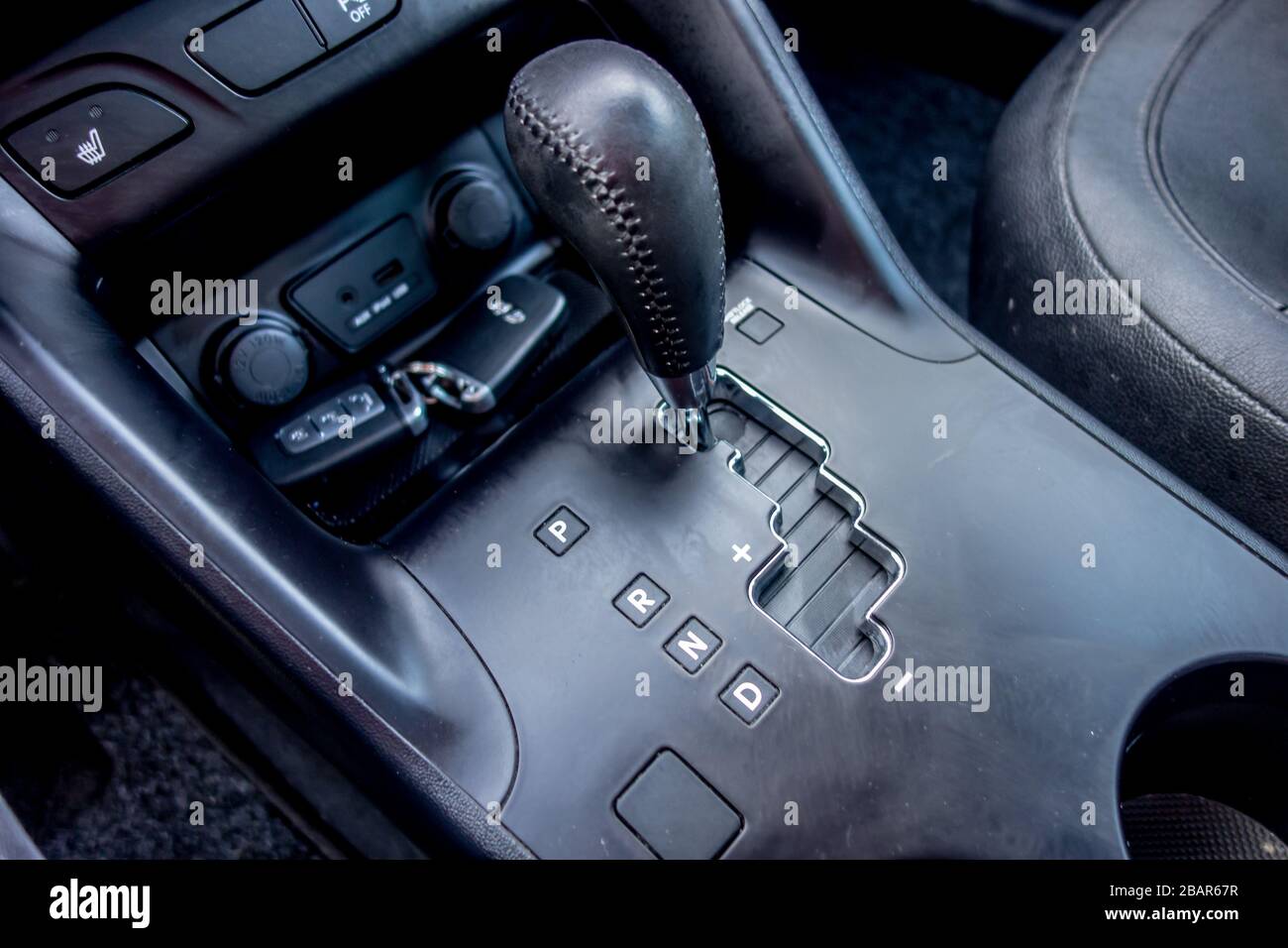 Automatic transmission gear, car interior. Automatic gear stick of a ...