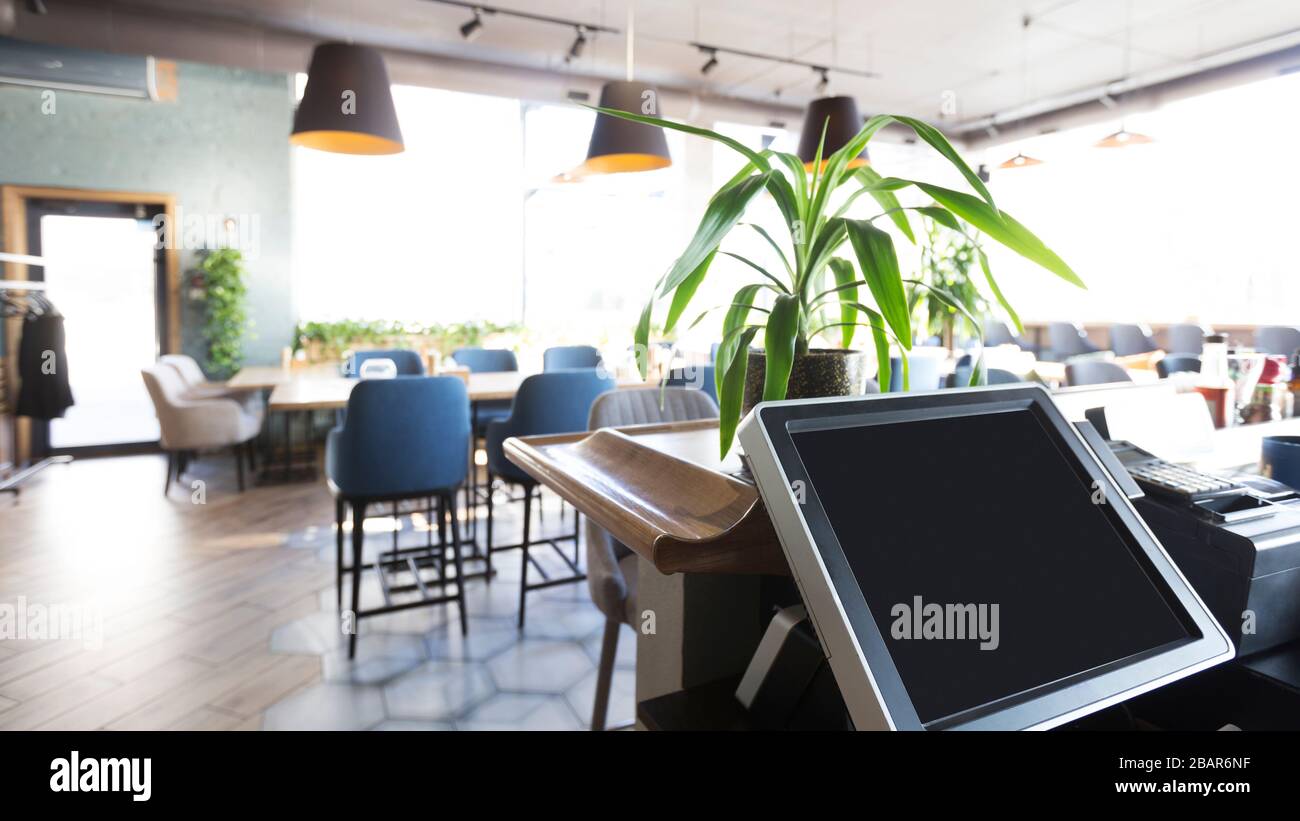 Empty cafe interior without people and workers, panorama Stock Photo ...