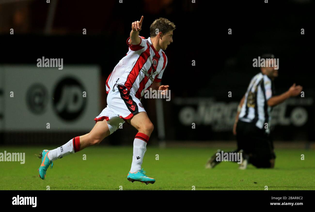 Sheffield United's Shaun Miller celebrates scoring the first goal Stock ...