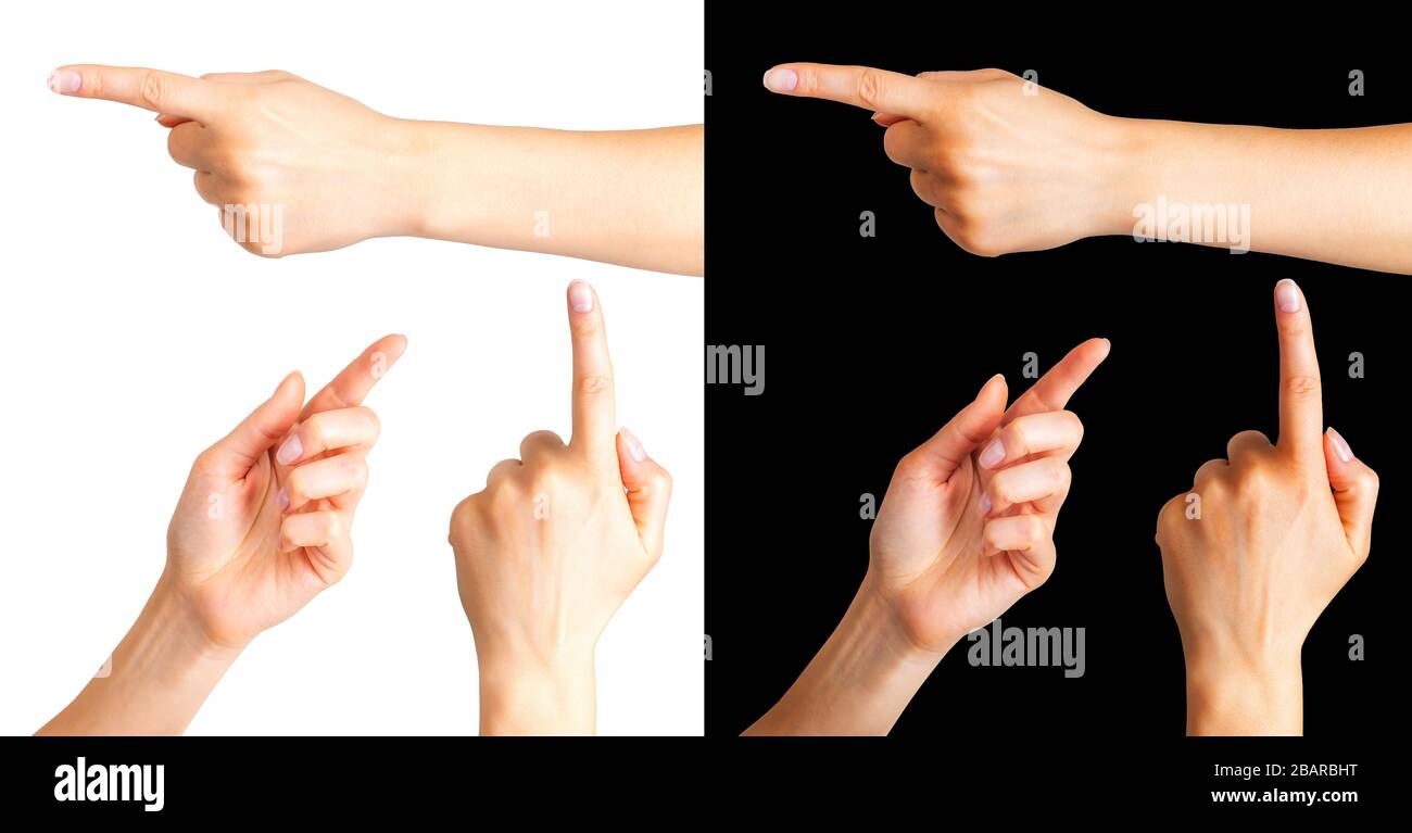 Set of woman hands with the index finger pointing on side on black ...