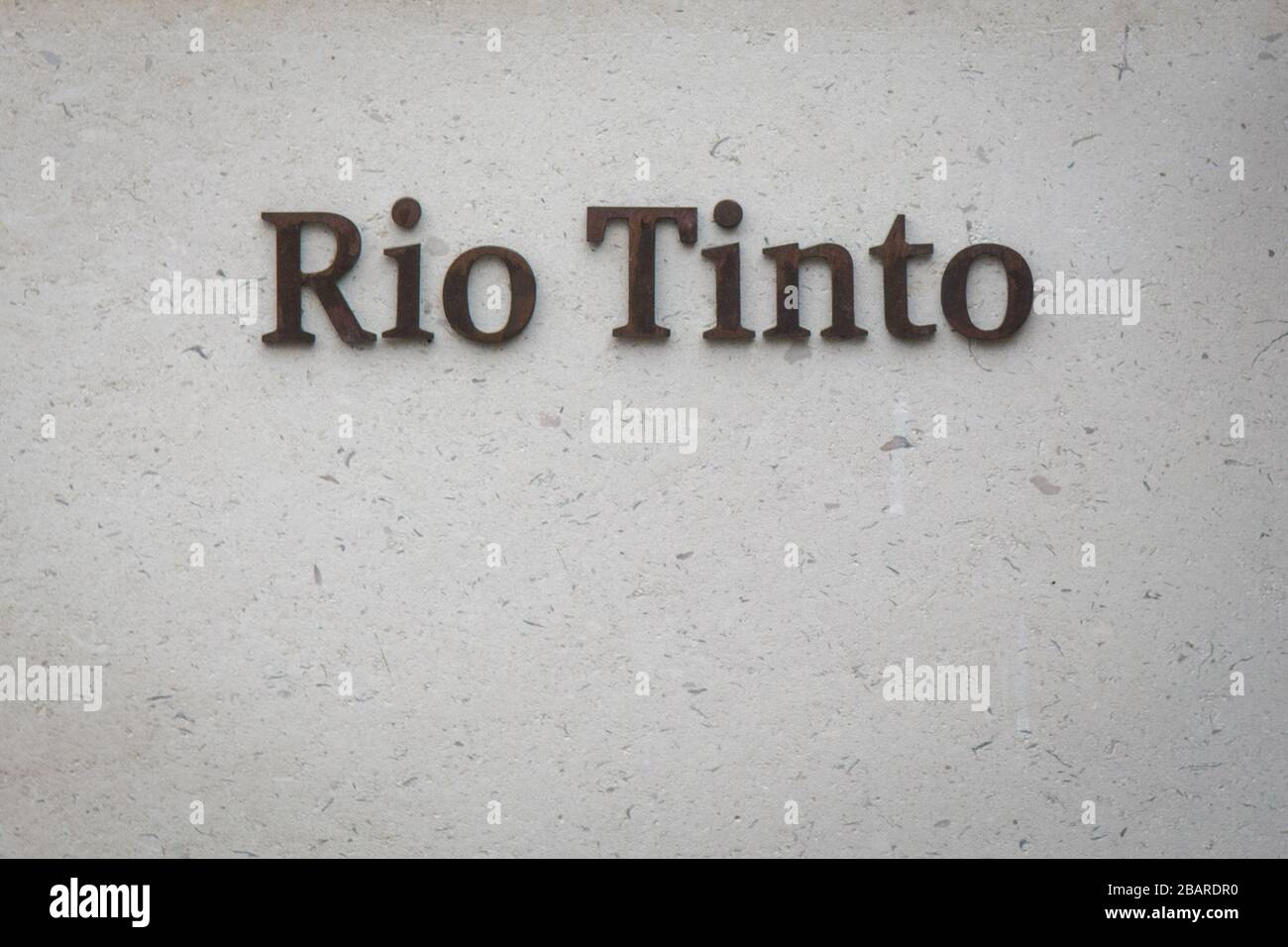 LONDON- Signage logo at the entrance of the Rio Tinto head office on St ...