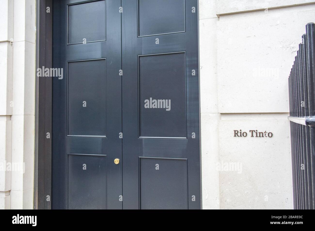 LONDON- Signage logo at the entrance of the Rio Tinto head office on St ...
