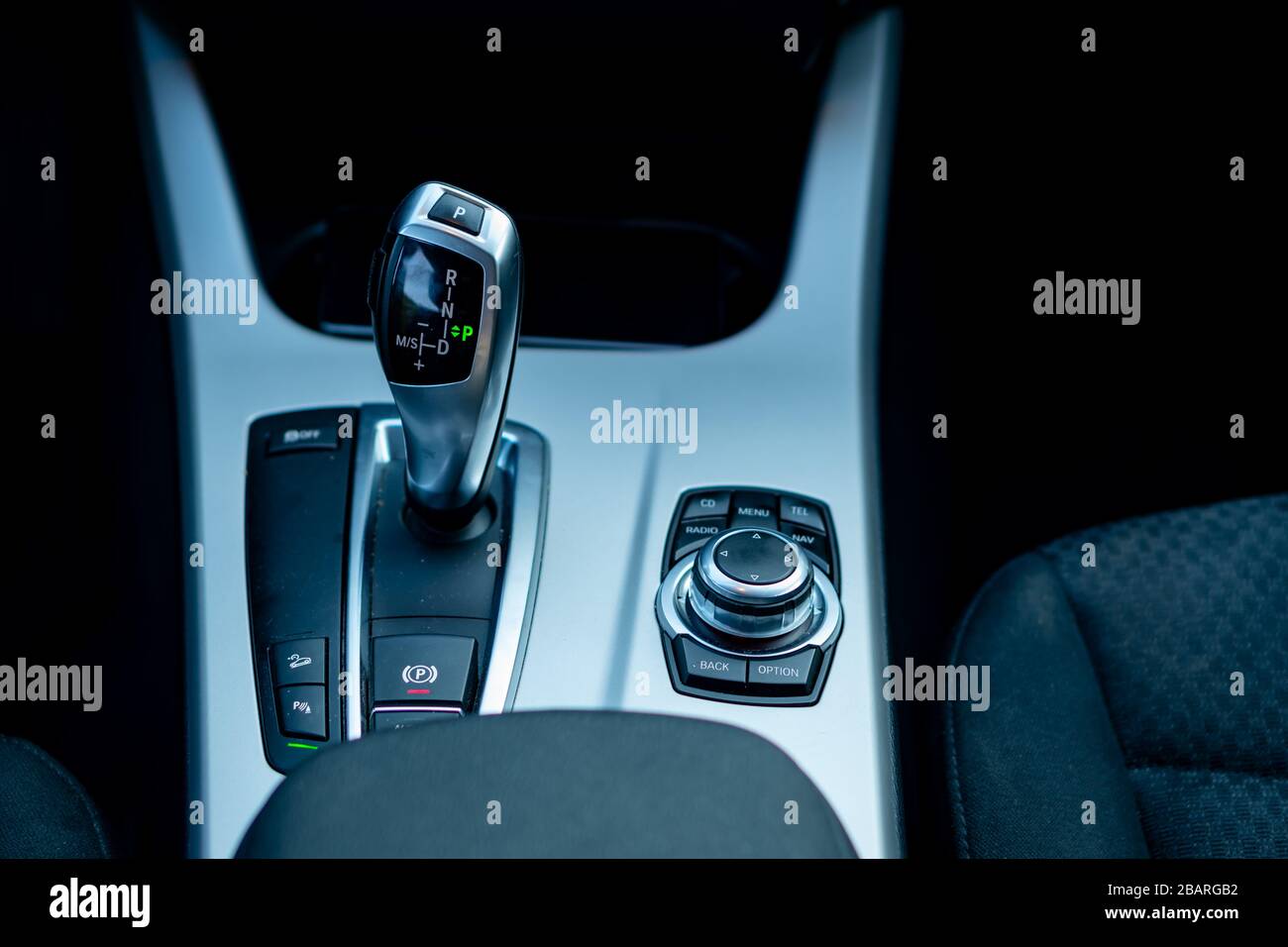 Automatic transmission gear, car interior. Automatic gear stick of a ...