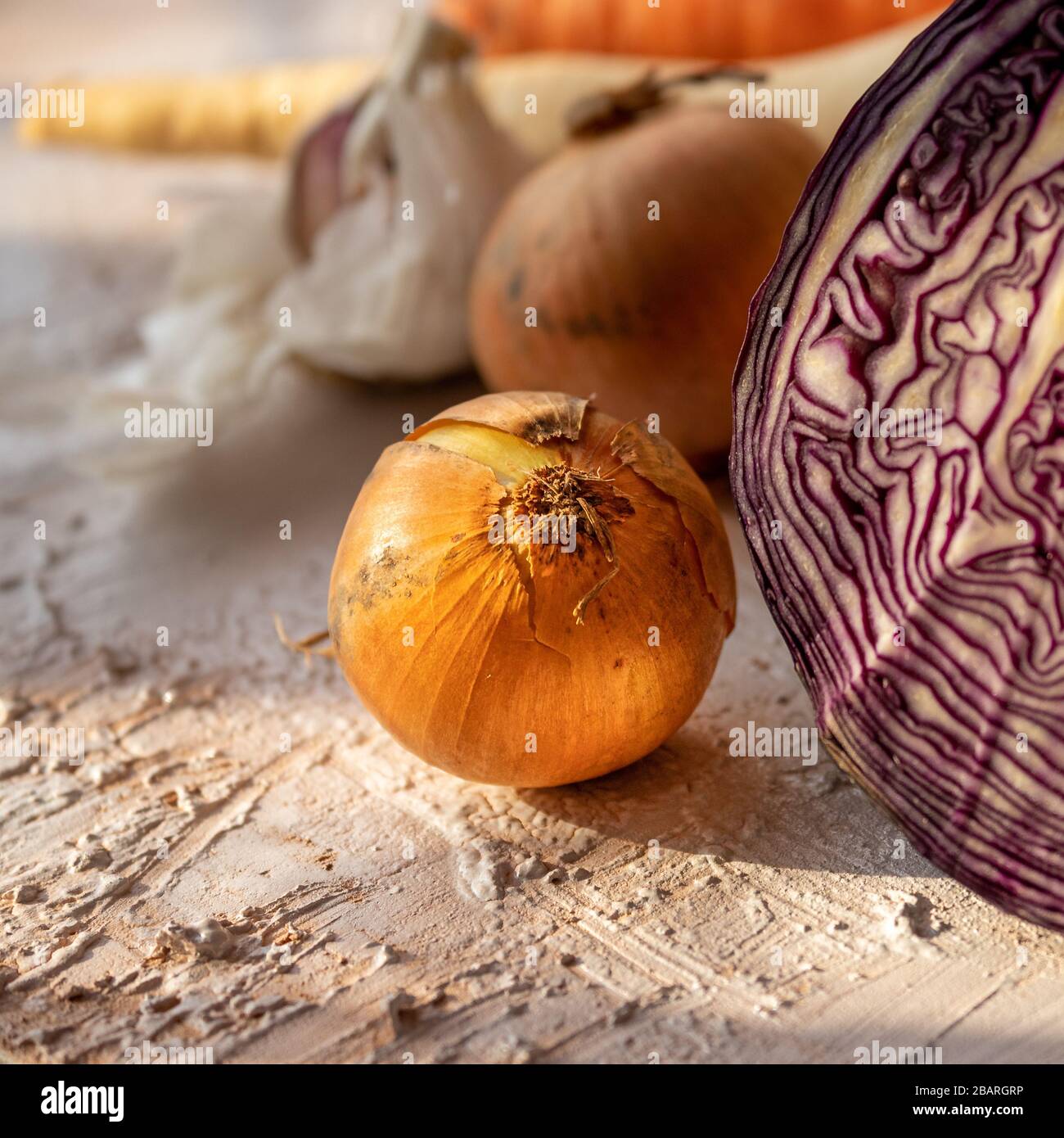 Golden onion in the light of the sun. Rustic table with vegetables ...