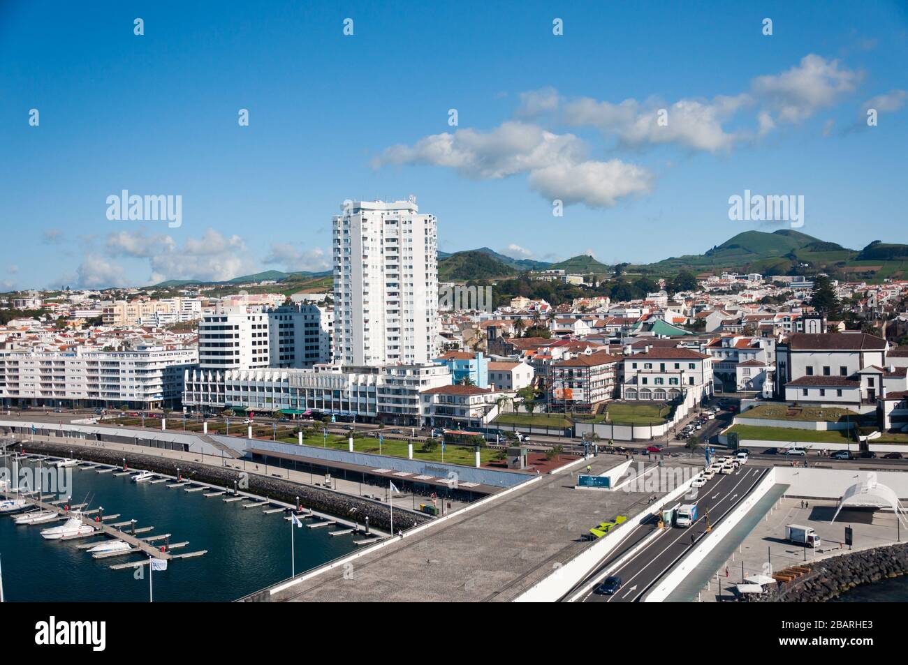 Port of Ponta Delgada under the sunlight and a blue sky in Portugal ...